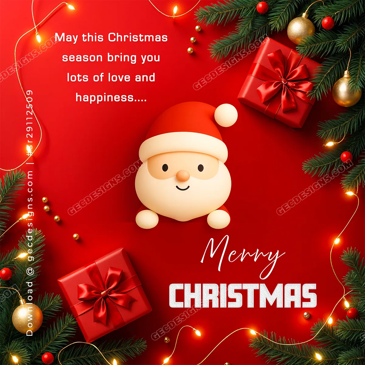 Merry Christmas image with a cute Santa Claus, glowing festive lights, red gift boxes, and ...