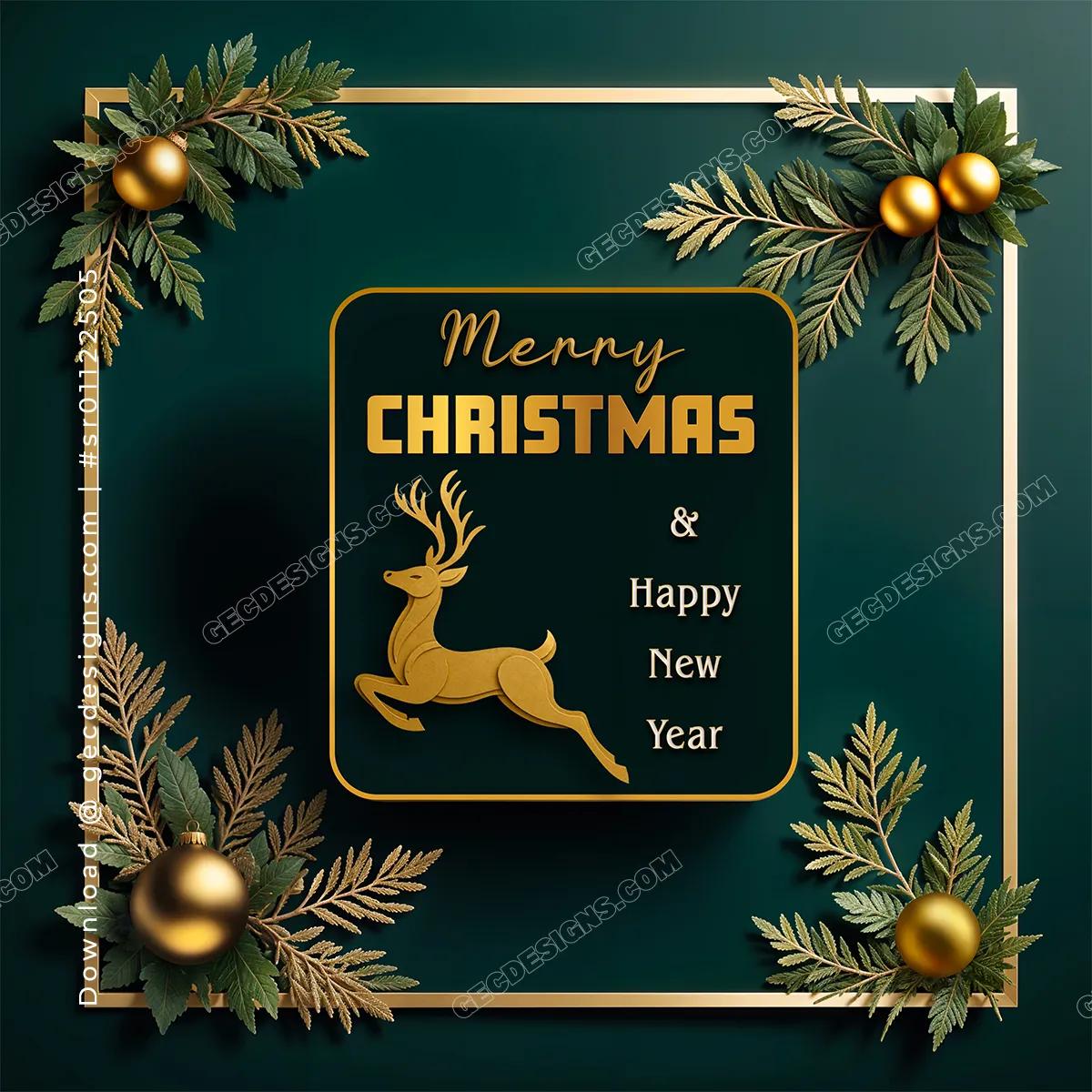 Merry Christmas image with Golden reindeer, Classic green background ...