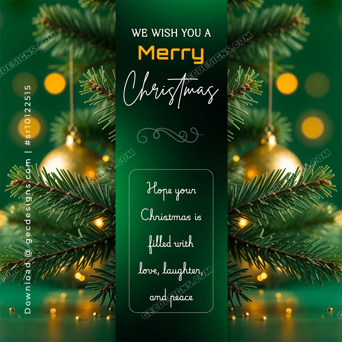 Merry Christmas image with green background, pine branches, and golden baubles for sharing ...