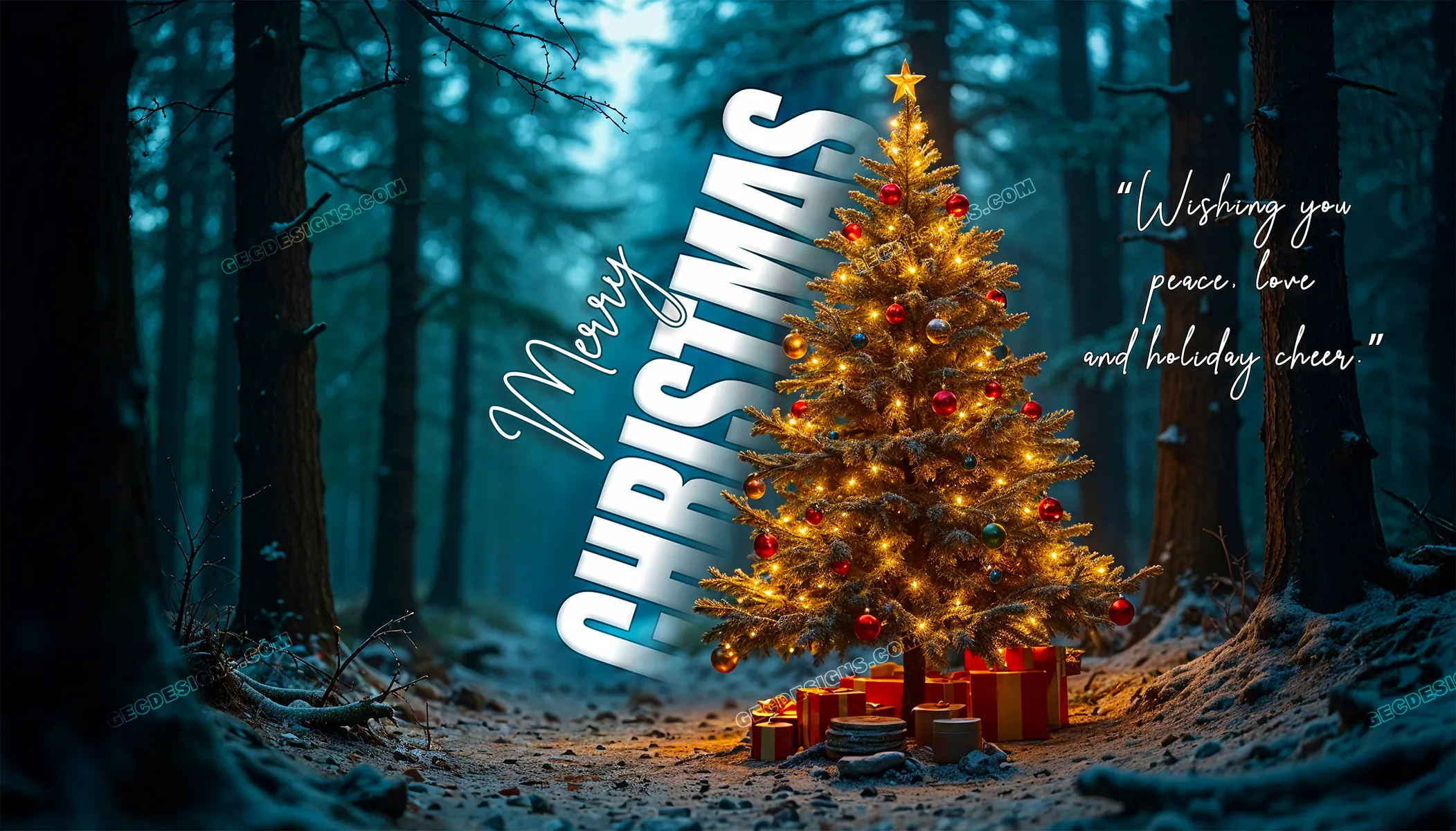 Merry Christmas wishes and, a beautiful Christmas tree in a magical ...