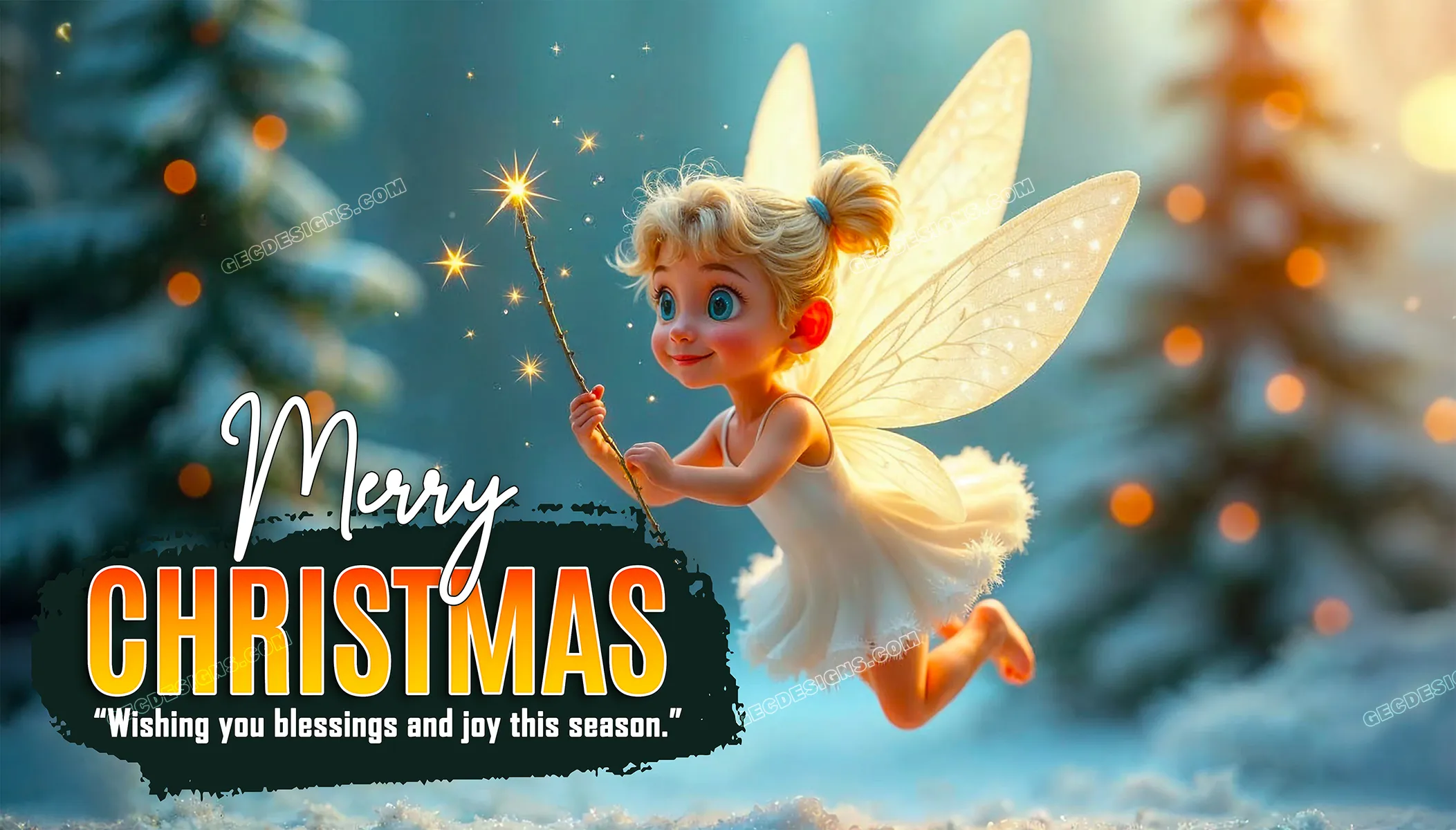 Merry Christmas wishes, Christmas angel flying in front of decorated Christmas tree in snow ...