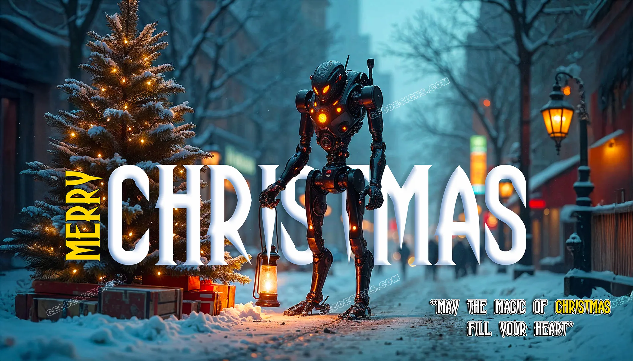 Merry Christmas wishes, Futuristic Christmas celebration, robot near ...