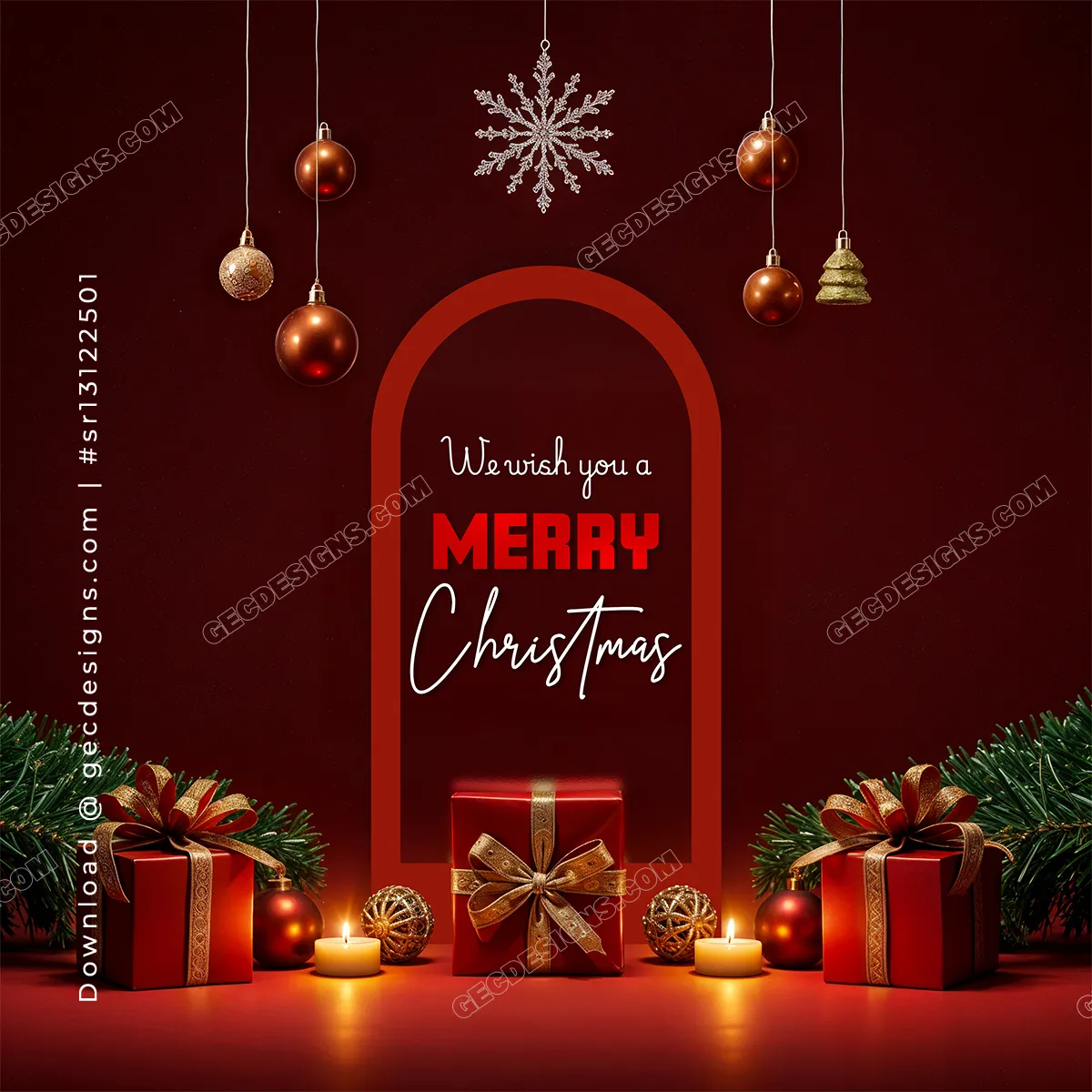 Merry Christmas wishes with Red background, Gift boxes, glowing candles ...