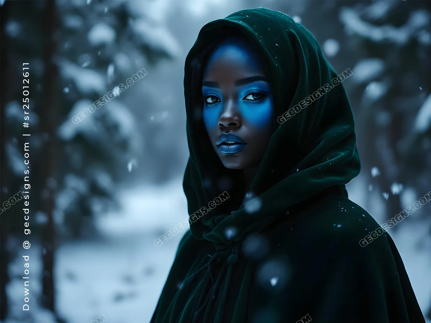 Mystical Winter Woman Portrait with Blue Face Paint and Hooded Cloak in ...