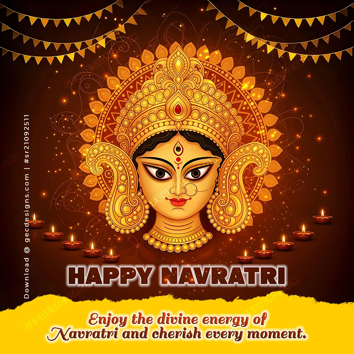 Navratri 2025, Vijayadashami wishes image with a glowing Maa Durga face and festive diya lights ...