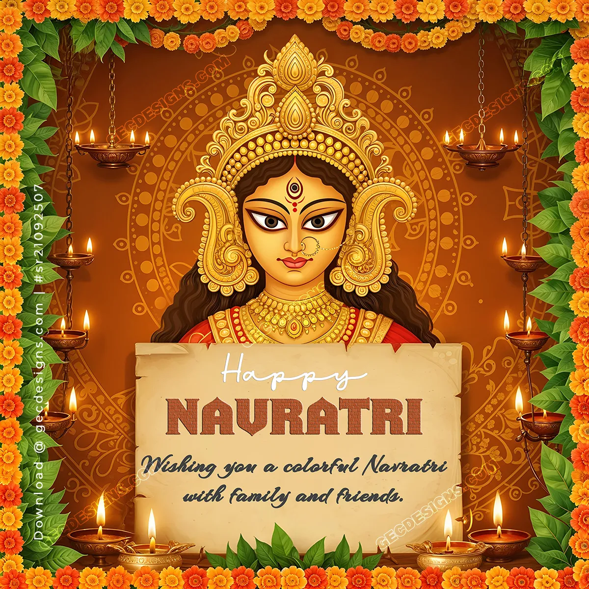 Navratri wishes image with Maa Durga, marigold flowers, and diyas for ...