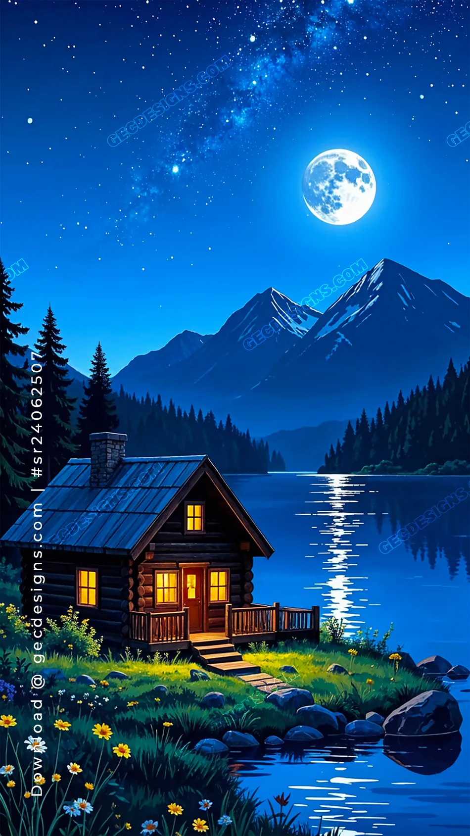 Night Cabin by Lake Under Moonlight, Nature Landscape Wallpaper for ...