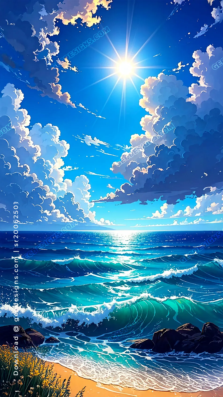 Ocean Nature Image, Sunlight Over Crystal Blue Waves and Golden Beach Under Cloudscape Sky - GEC ...