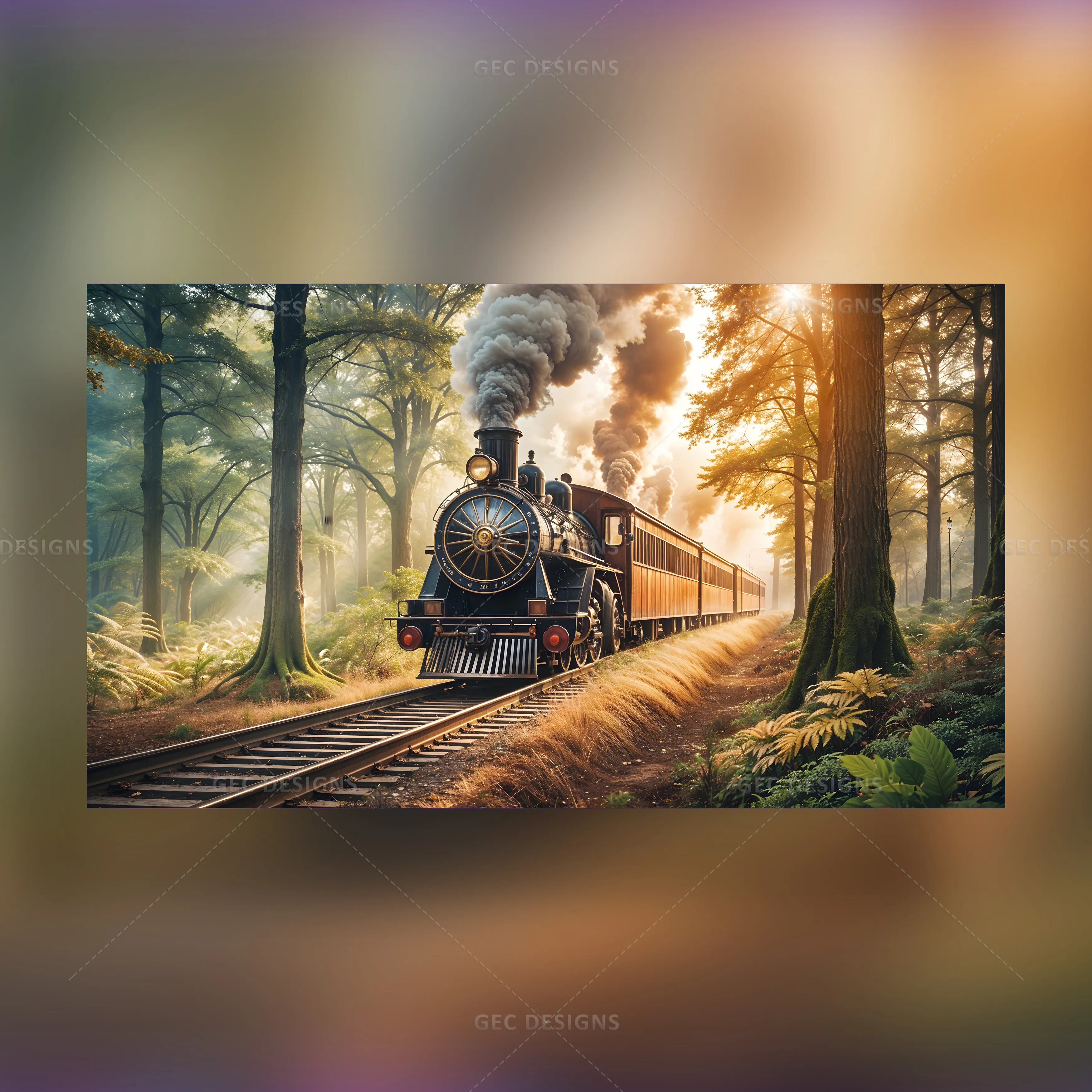 Old locomotive steam train chugs through dense forest AI Generated ...