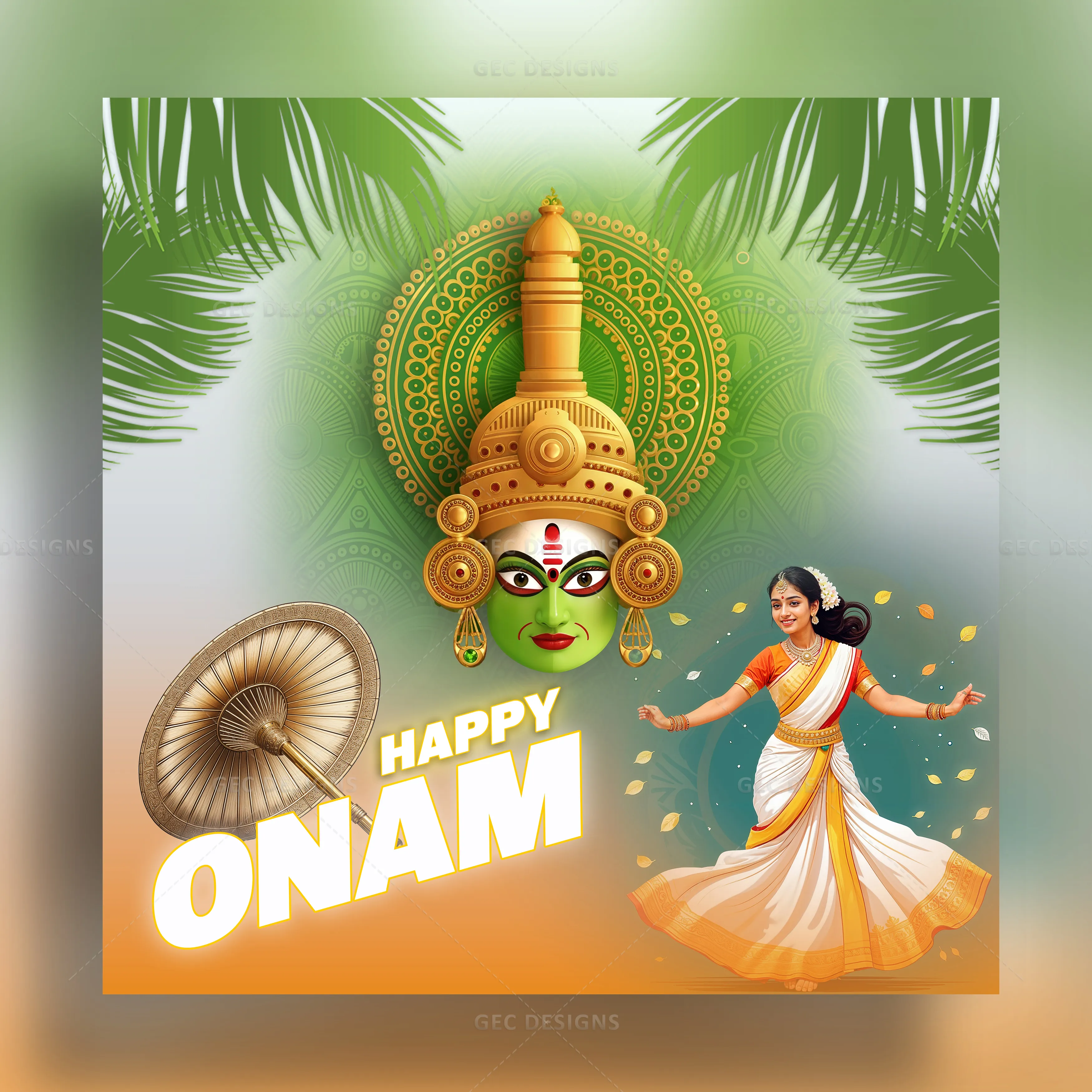 Onam 2024, celebrate Onam festival with Kathakali face and Olakkuda or ...