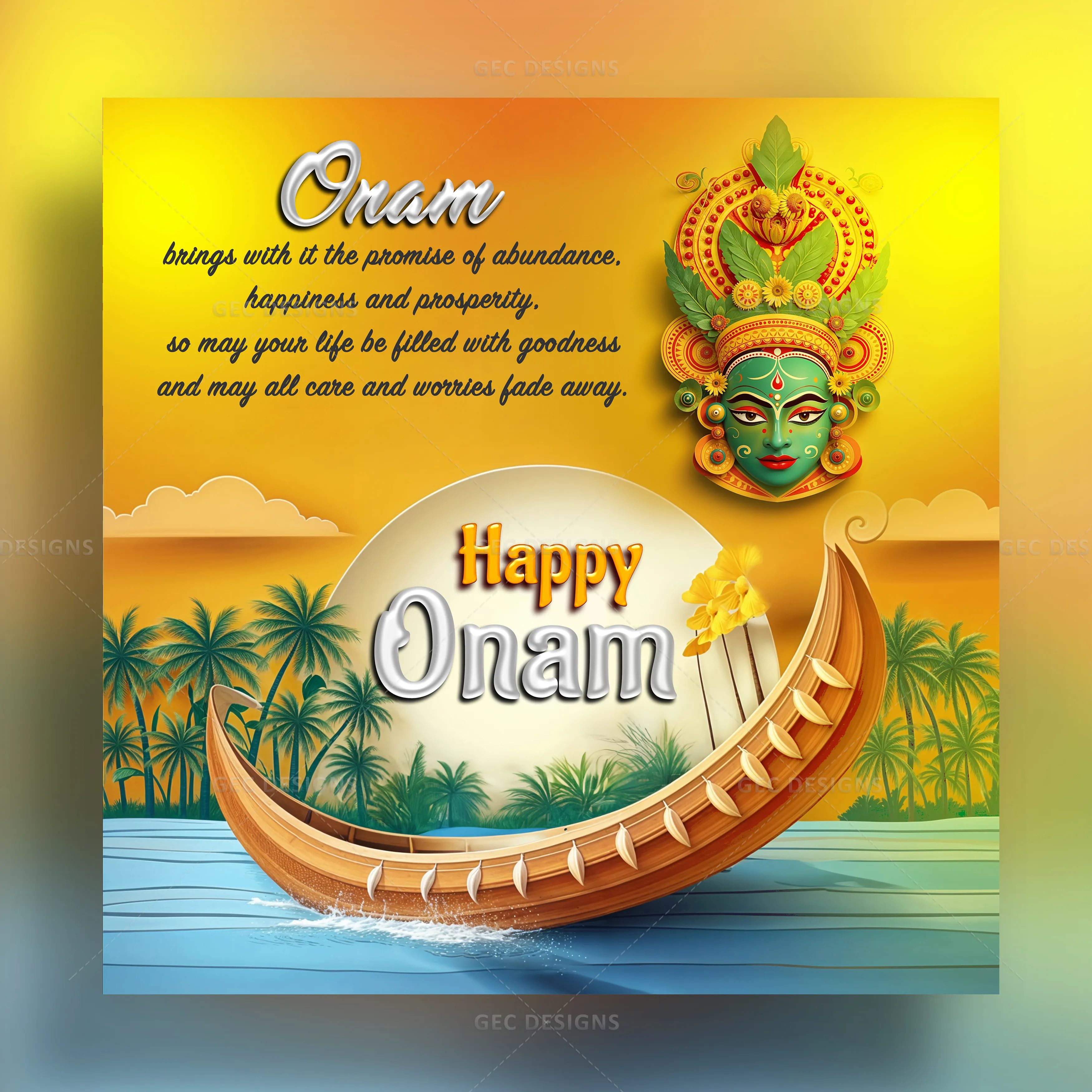 Onam wishes with Kathakali face, snake boat, and coconut trees ...