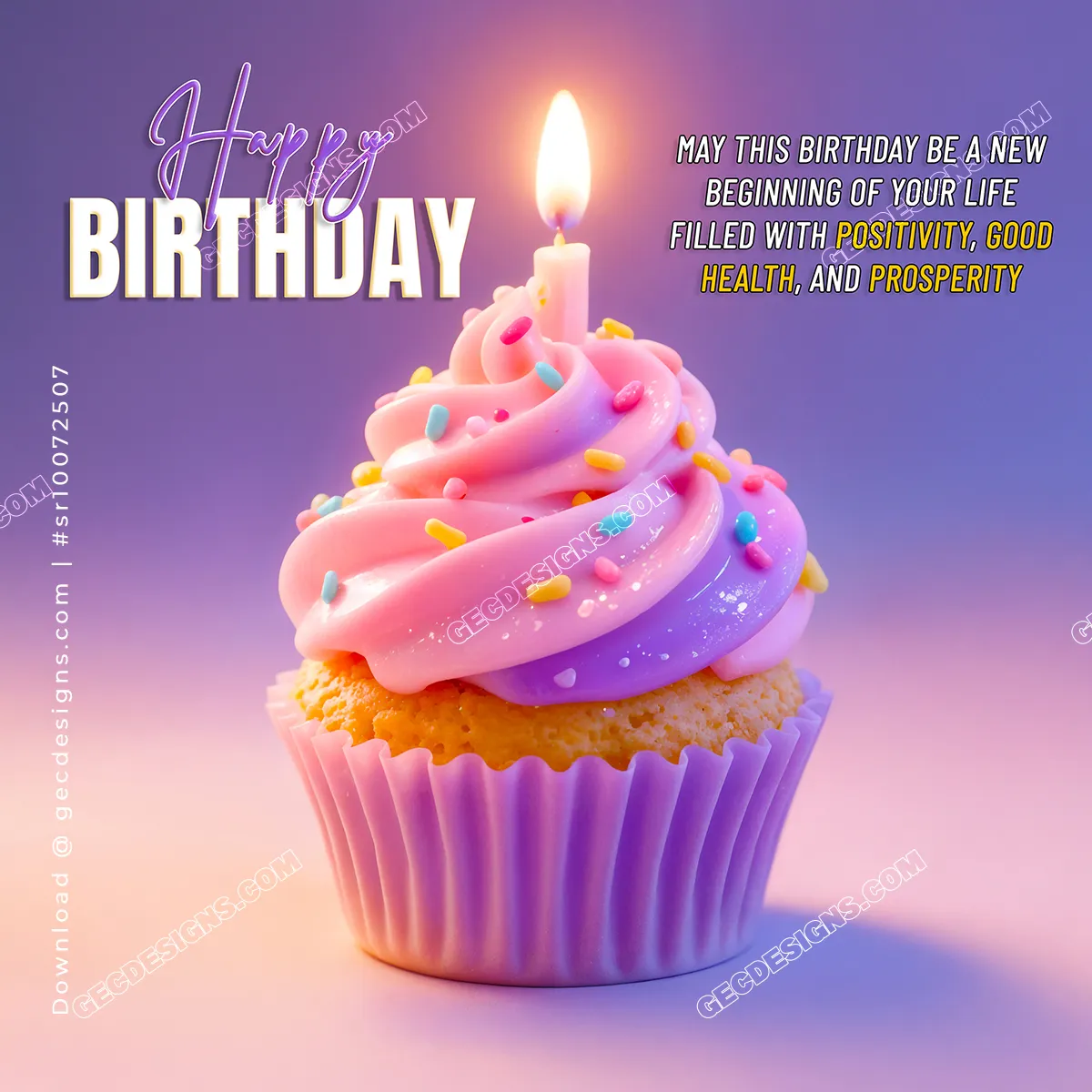 Pastel Frosting Happy Birthday Cupcake Image with Candle and Positive ...