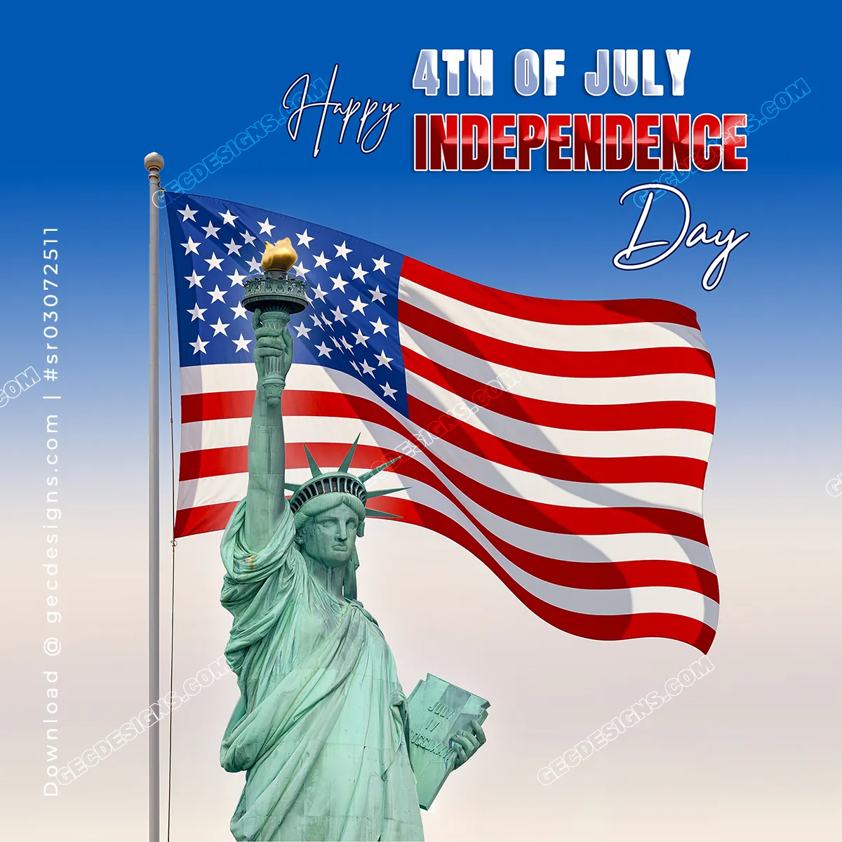 Patriotic American Independence Day Wishes Image Featuring Statue of Liberty and US Flag in Blue ...