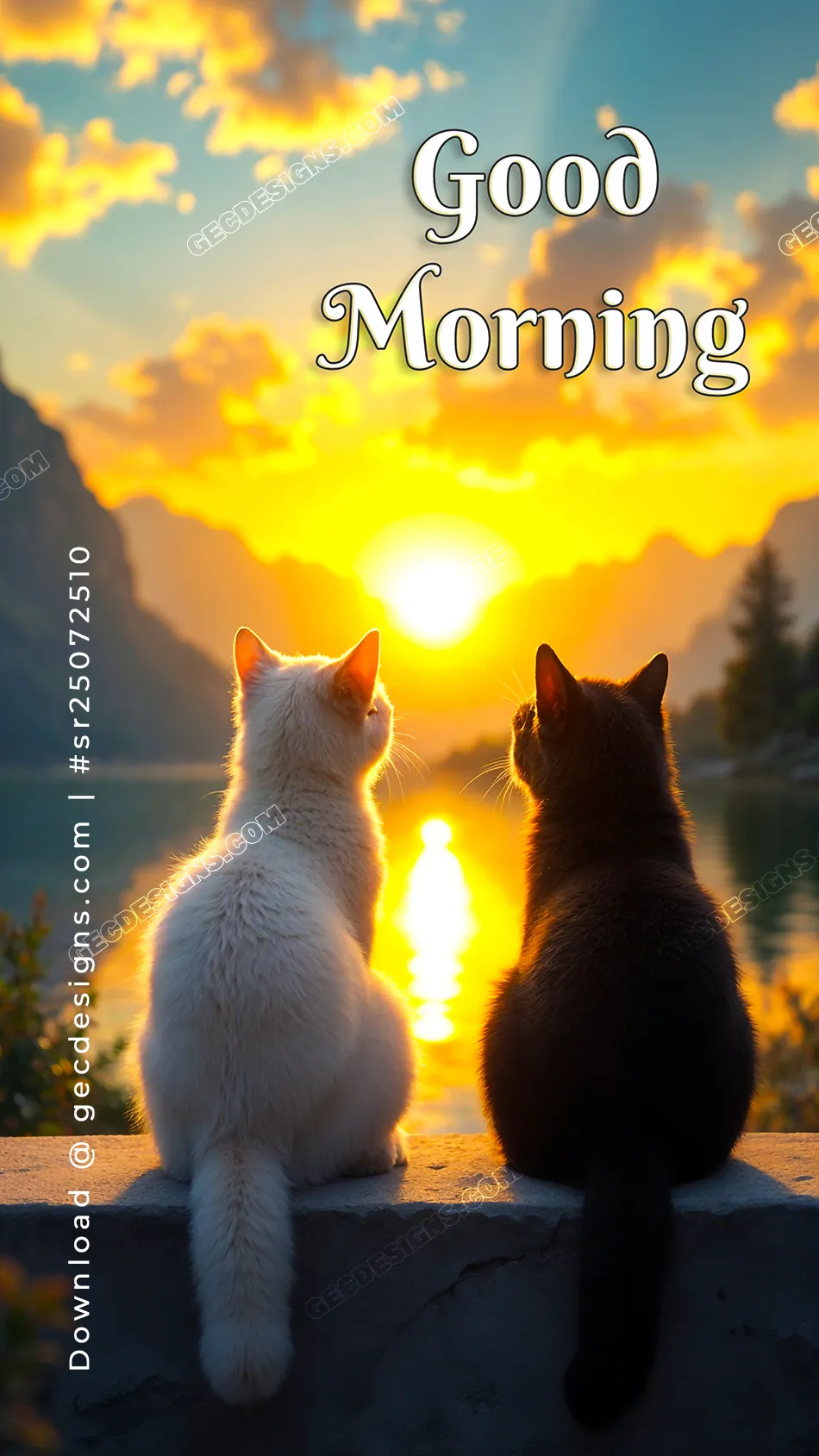 Peaceful Good Morning Image with Two Cats Watching Sunrise by Lake ...