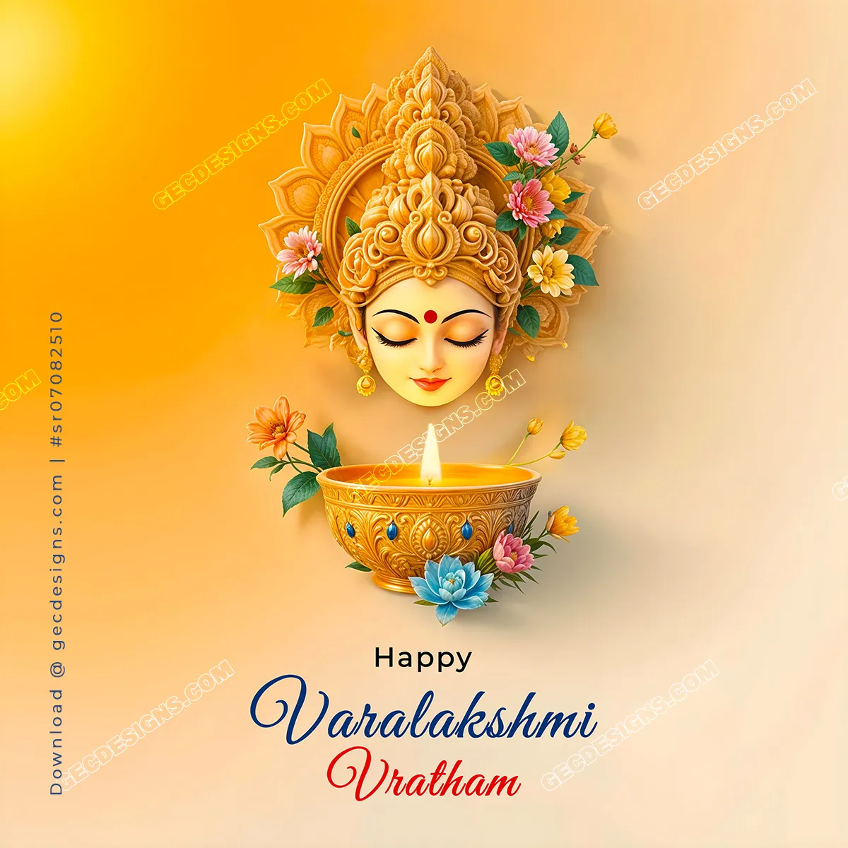 Peaceful Varalakshmi Vratham image of Goddess Lakshmi with Floral Diya on Saffron background ...