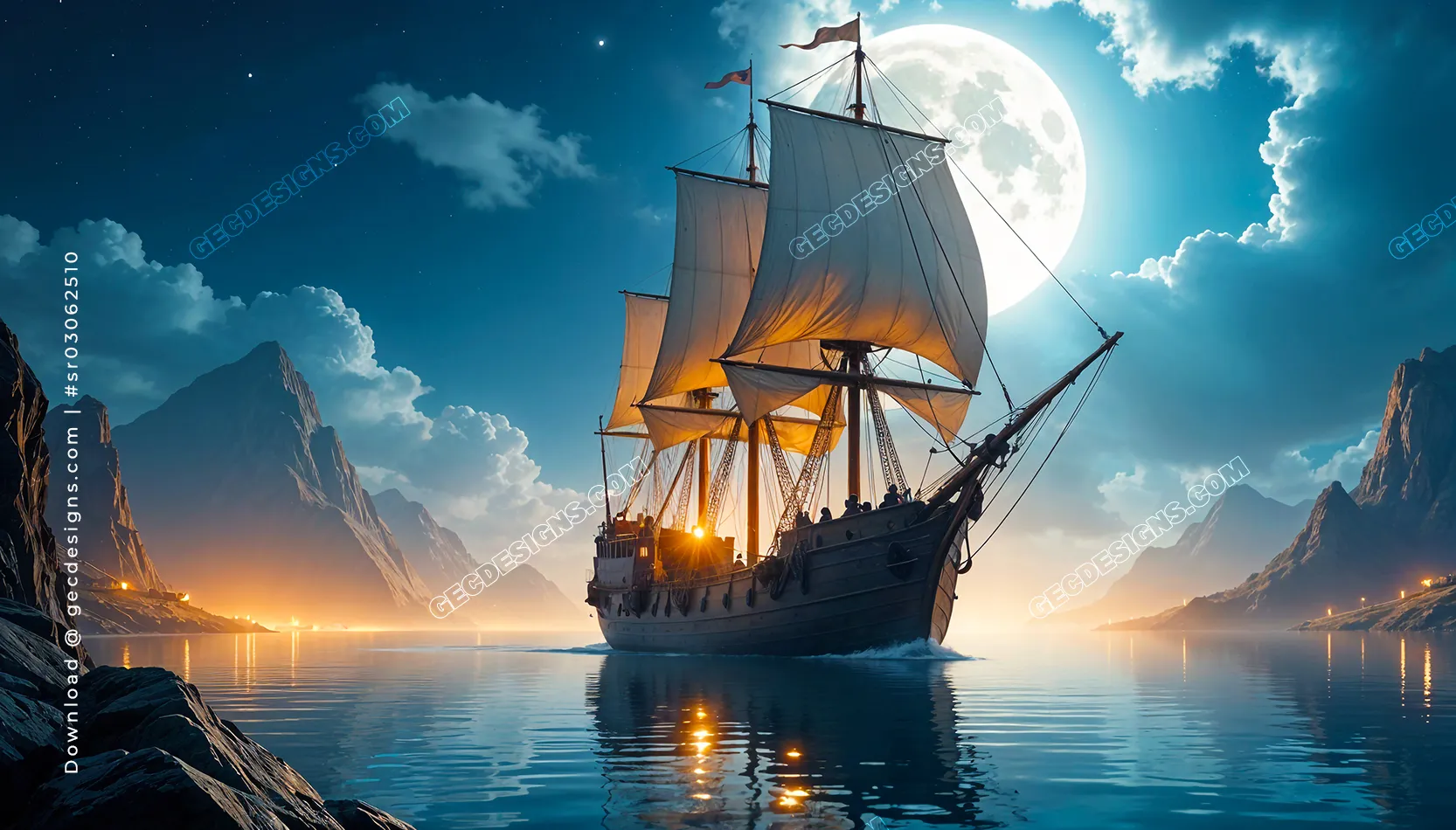 Pirate Ship full moon background AI Generated wallpaper - GEC Designs