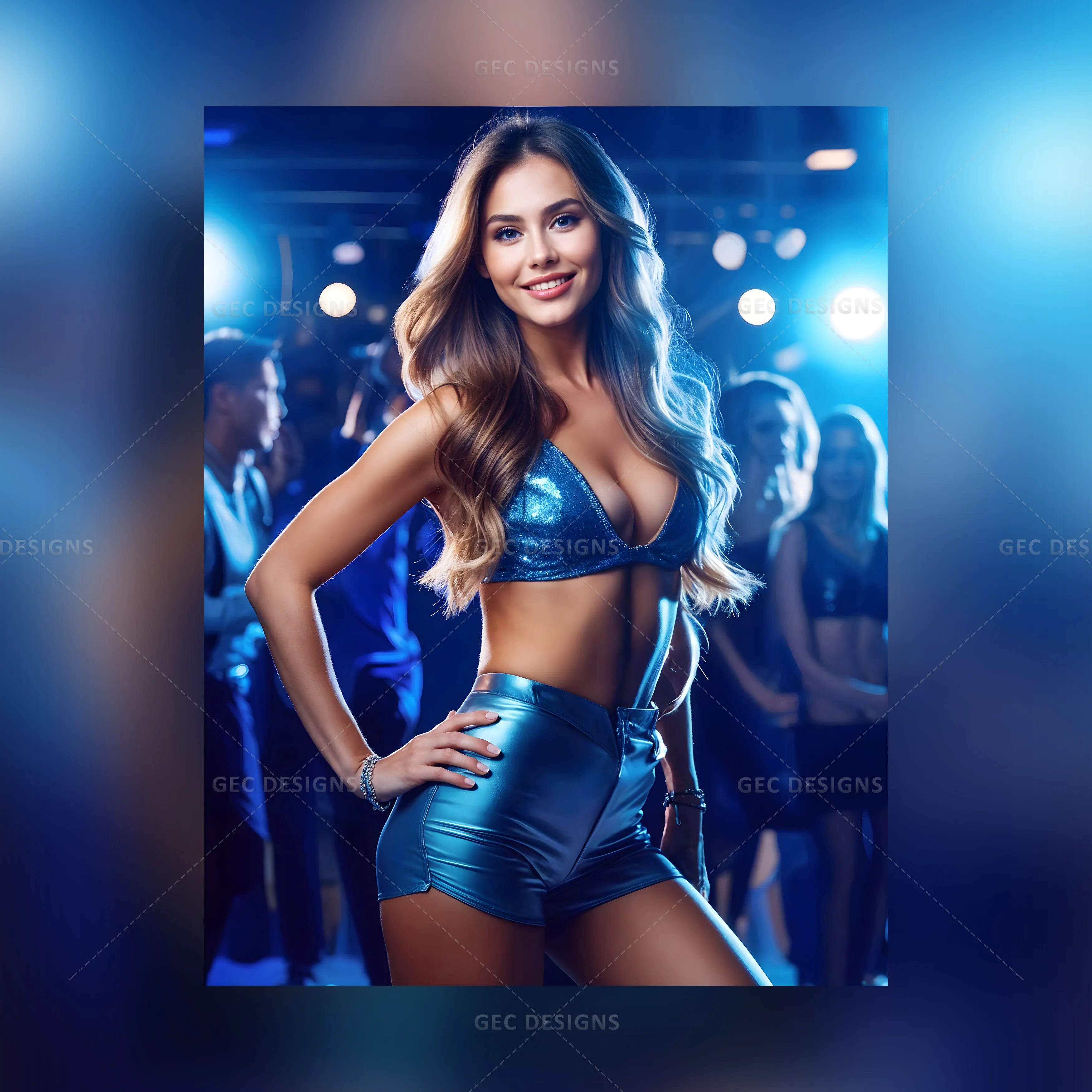 Pretty sexy young woman in a blue outfit, party background wallpaper | GEC Designs