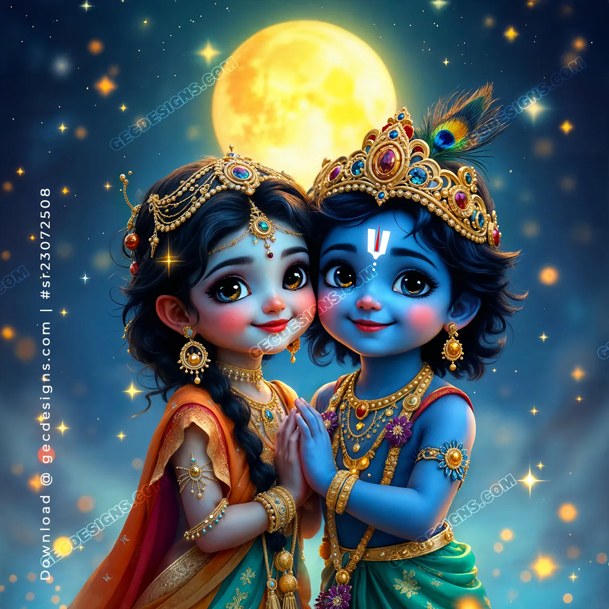 Radha Krishna Holding Hands Under Full Moon Night Sky - GEC Designs
