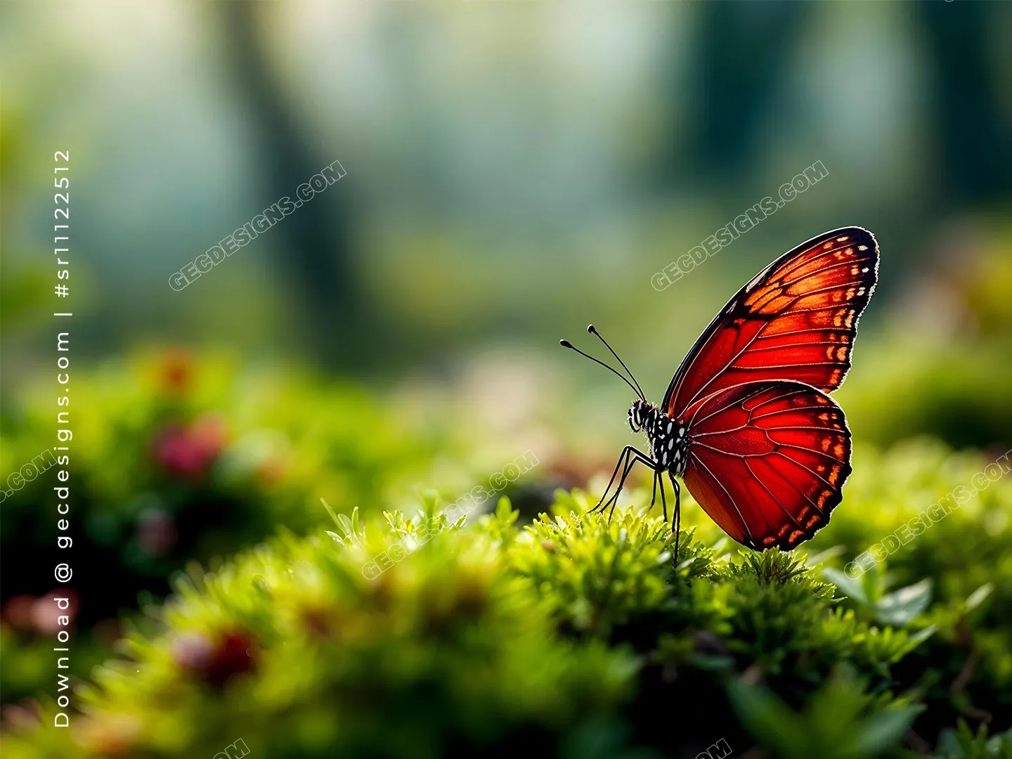 Red Butterfly Resting on Bright Green Moss in Soft Morning Light ...