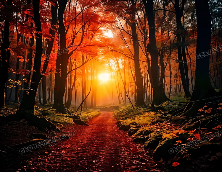 Red Forest path among trees, Autumn wallpaper - GEC Designs