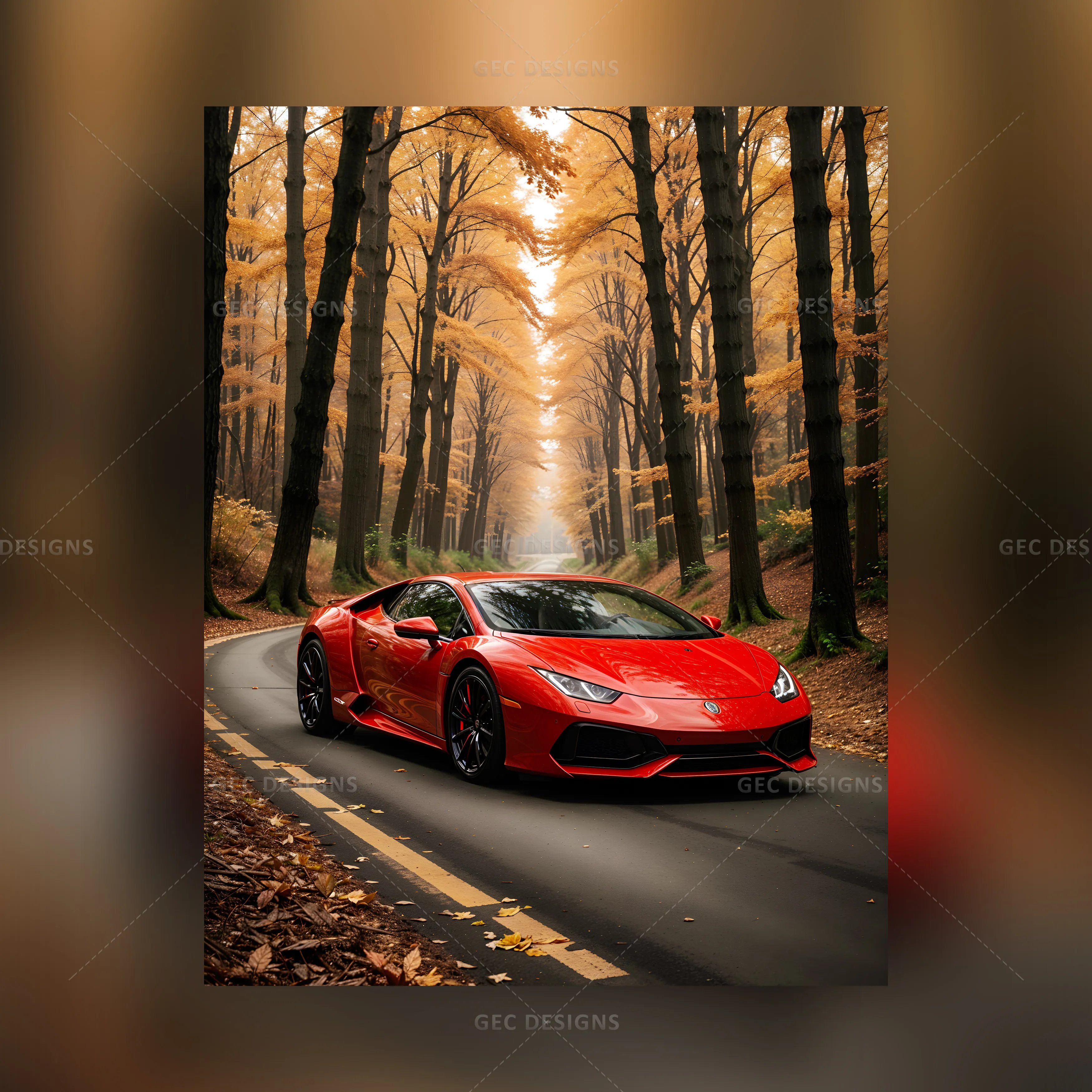Red Lamborghini on forest road wallpaper | GEC Designs