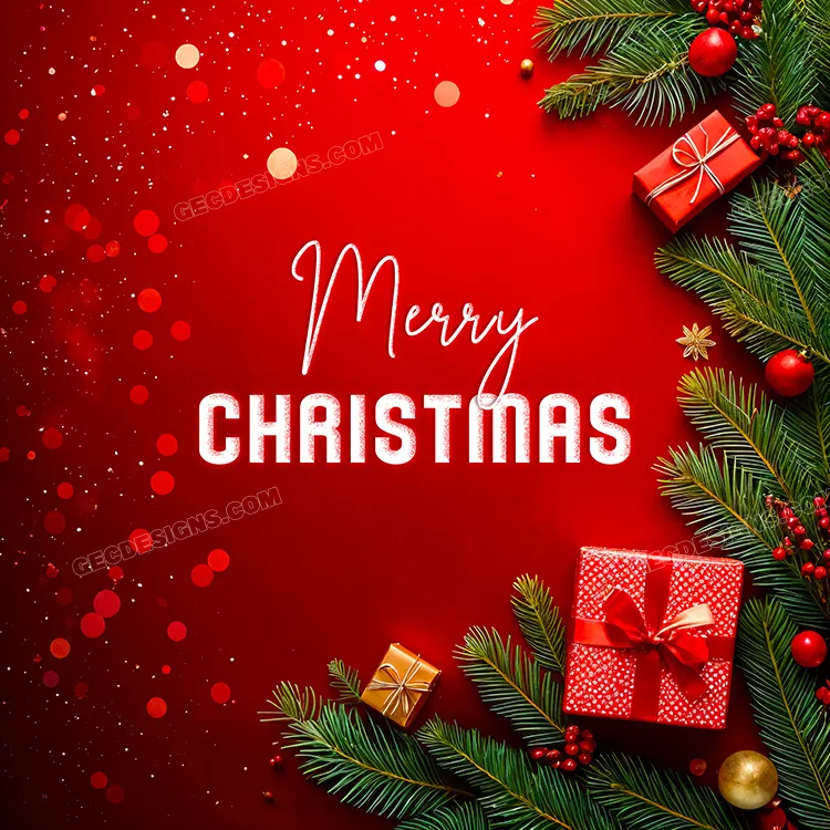 Red Merry Christmas wishes with Christmas tree and Gifts background ...