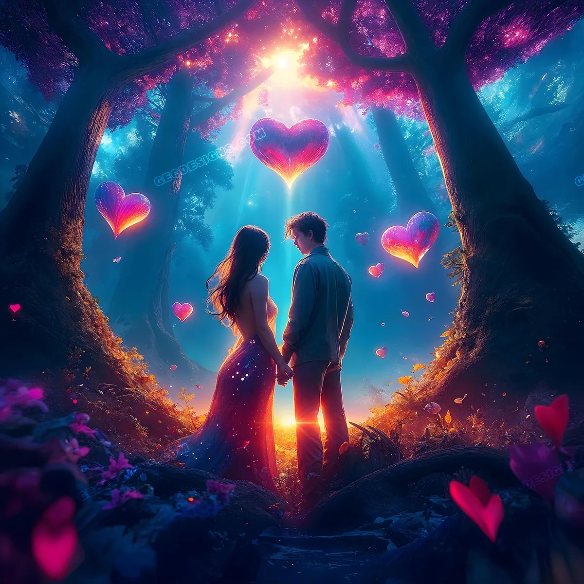 Romantic couple in a fantasy Valentine's Day themed forest with glowing ...