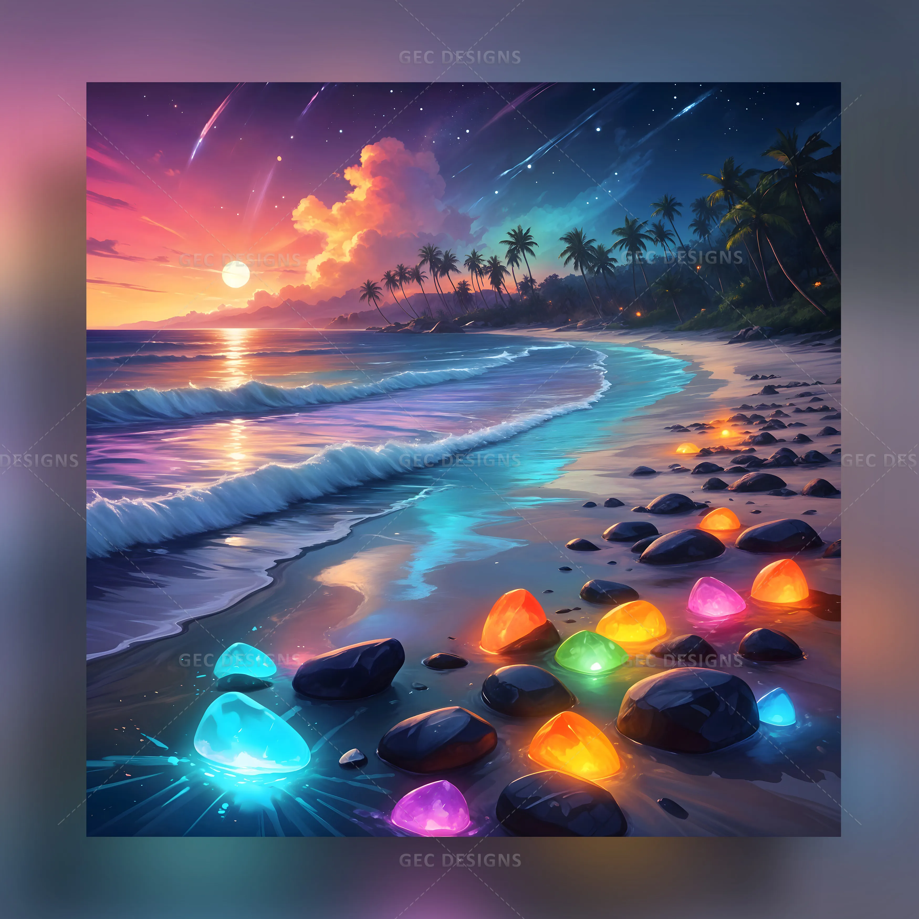 Romantic fantasy beach with glittering pebbles and beautiful galaxy ...