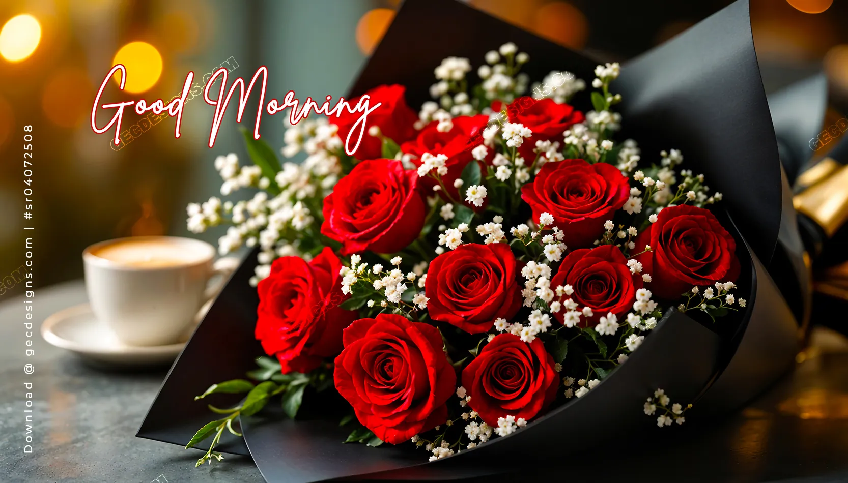 Romantic Good Morning Image with Red Rose Bouquet and Coffee Cup on ...