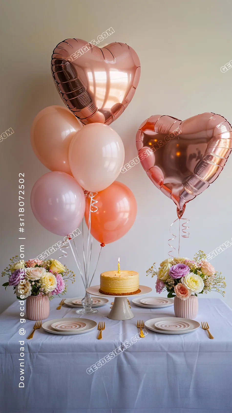 Romantic Heart Balloons Birthday Table Setup with Flowers and Cake ...