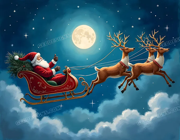 Santa Claus flying overnight sky with the reindeers sleigh, christmas wallpaper | GEC Designs