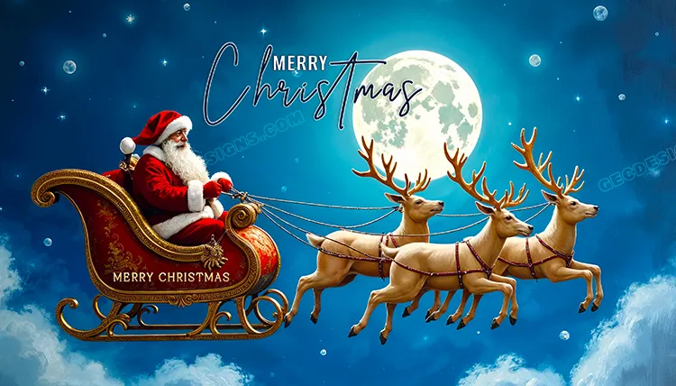Santa Claus flying through the night sky on his reindeer sleigh ...