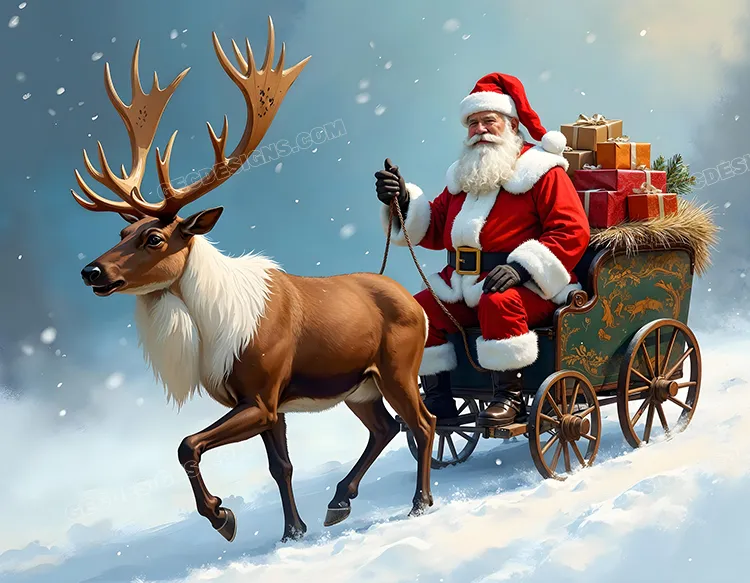 Santa Claus riding on the Reindeer sleigh with gifts for Christmas ...