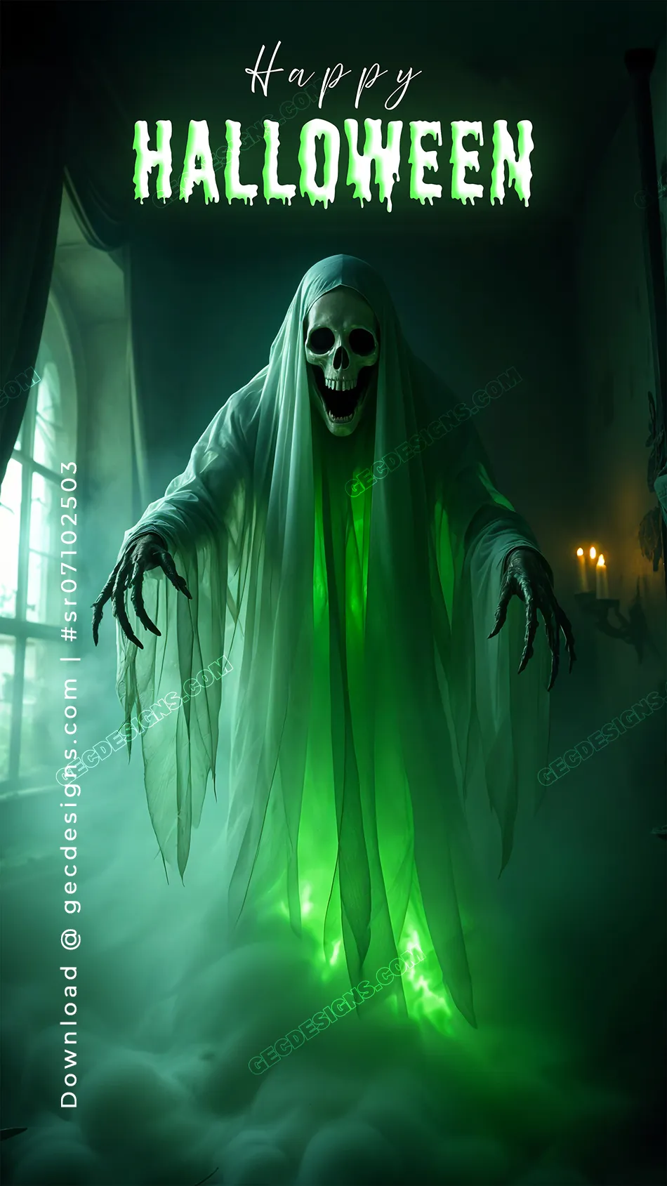 Scary Happy Halloween 2025 Wishes Image with Ghostly Figures, Green ...