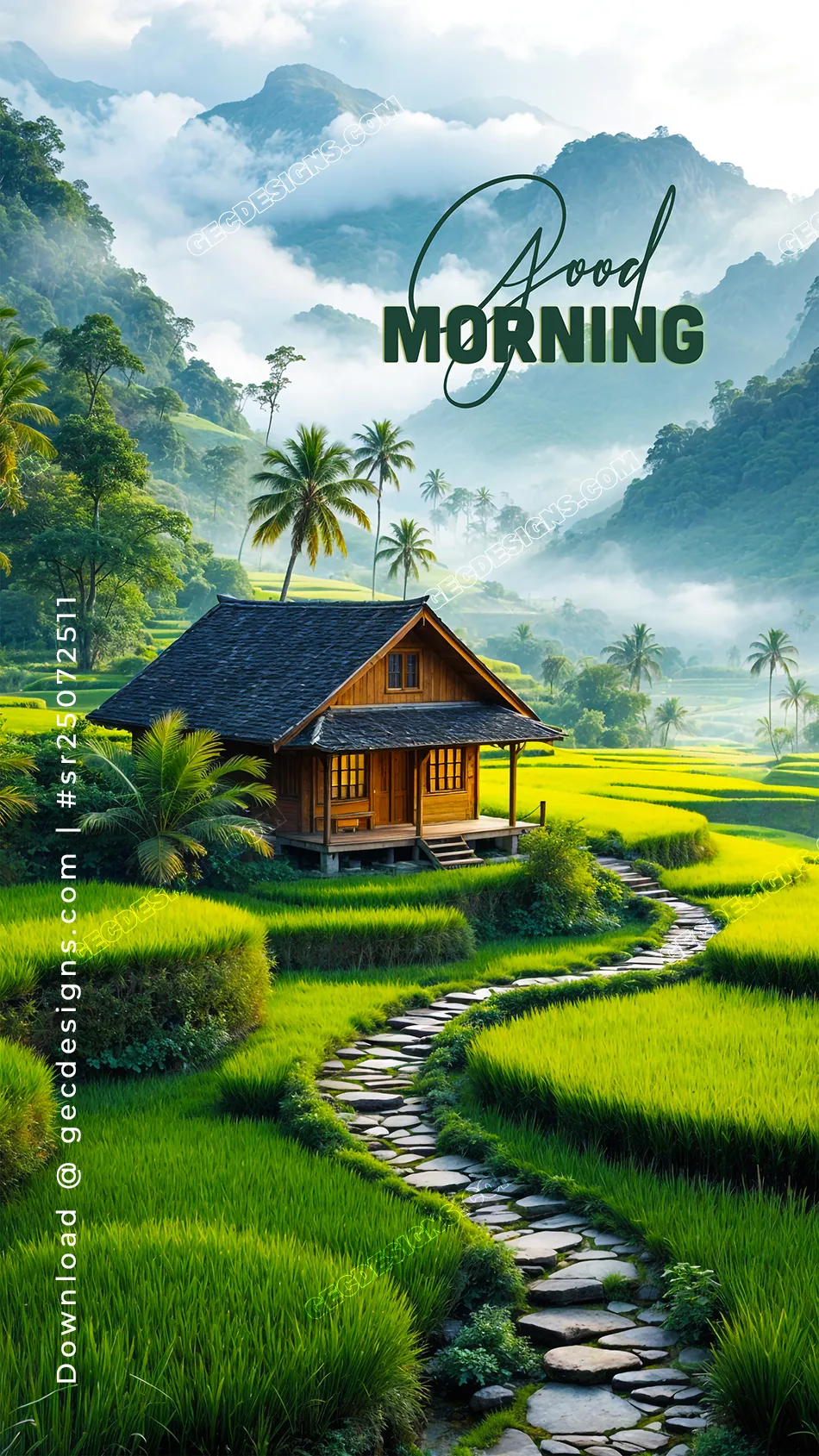 Scenic Good Morning Image with Wooden Cabin in Green Rice Fields and ...