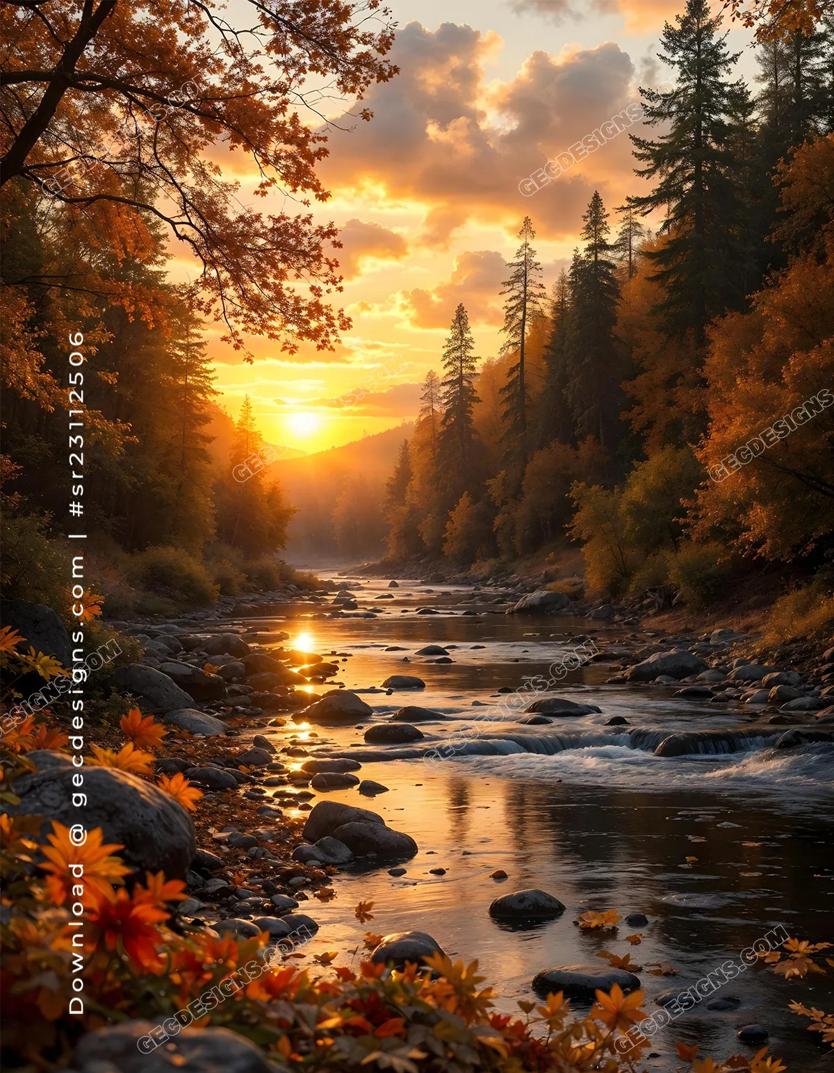 Serene nature image showing a calm forest river reflecting warm evening ...