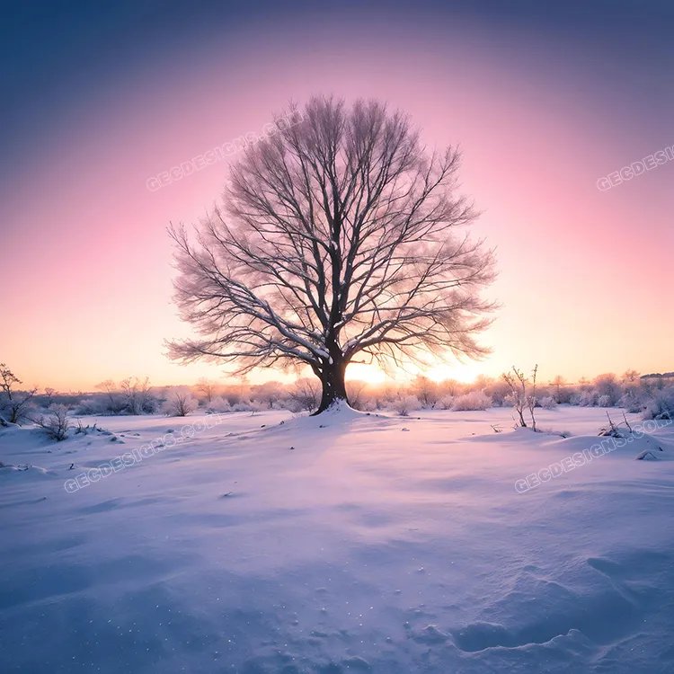 Snow covered tree against Pink winter Sunset Wallpaper - GEC Designs