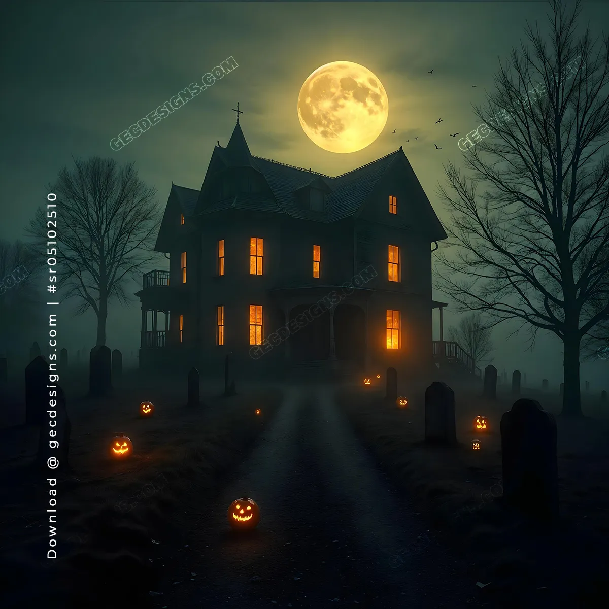 Spooky Halloween Background Image with Haunted House, Glowing Pumpkins ...