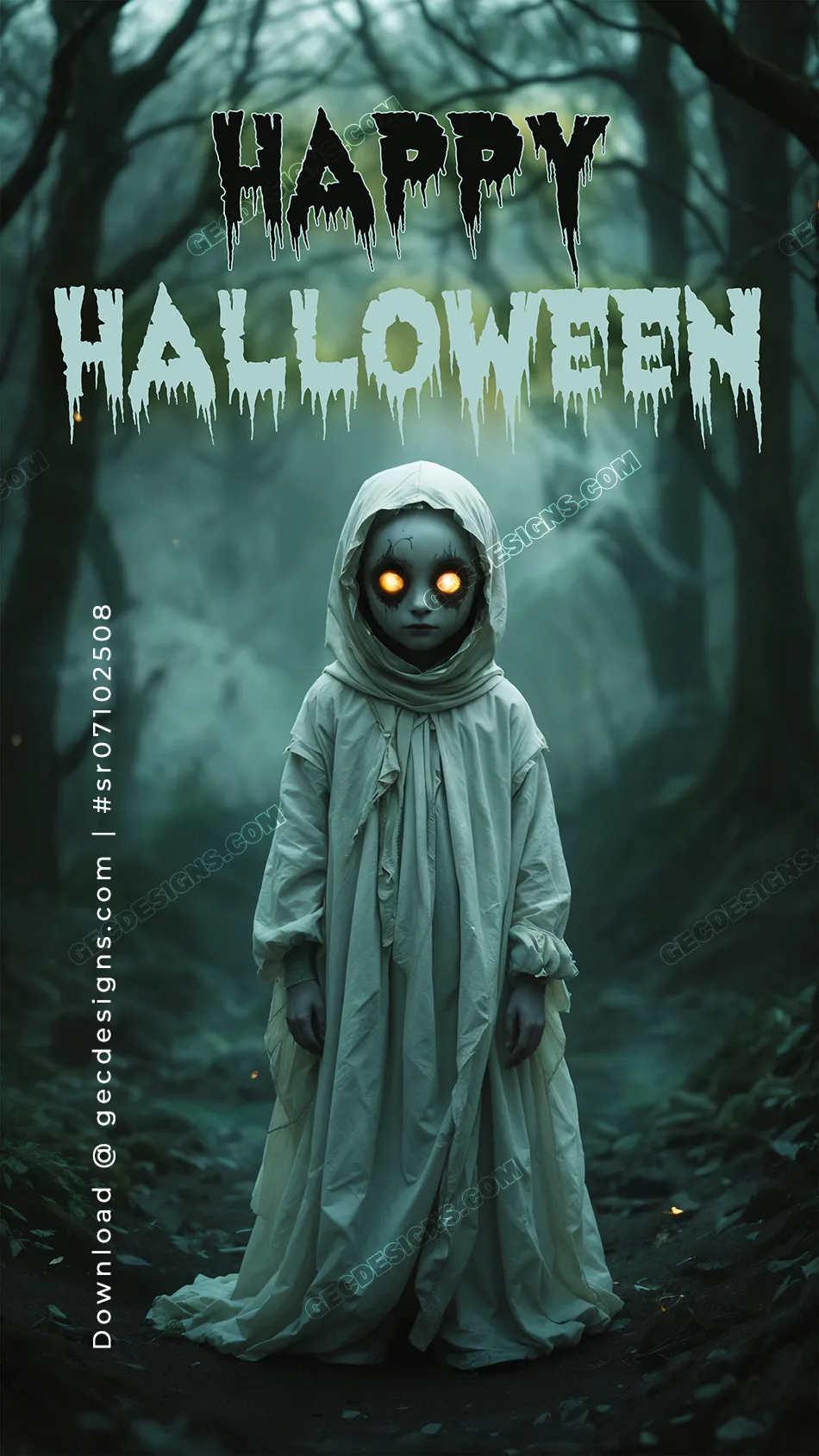 Spooky Happy Halloween 2025 Image with Creepy Ghost in Haunted Forest Background - GEC Designs