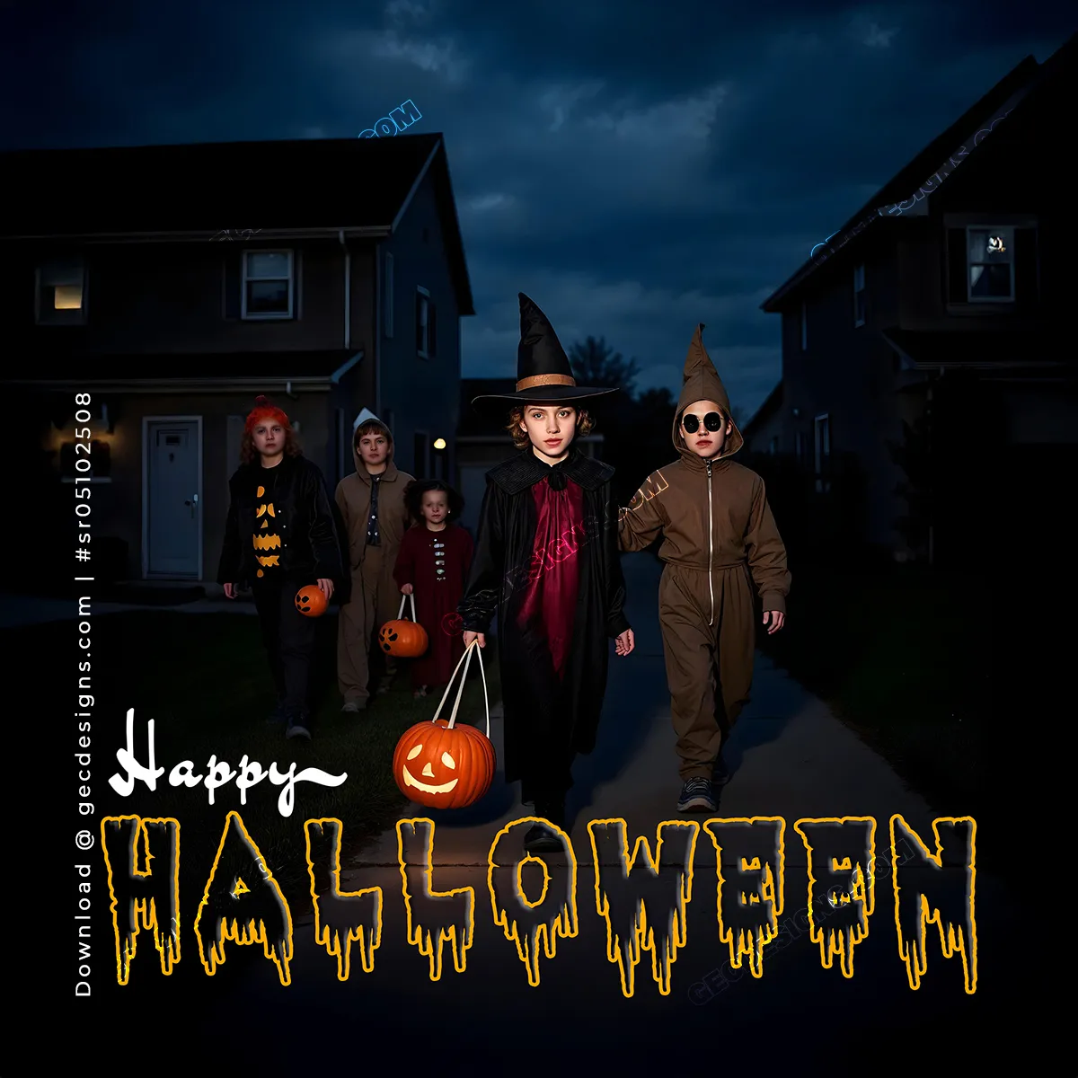 Spooky Happy Halloween Wishes Image with Kids in Costumes and Trick-or ...