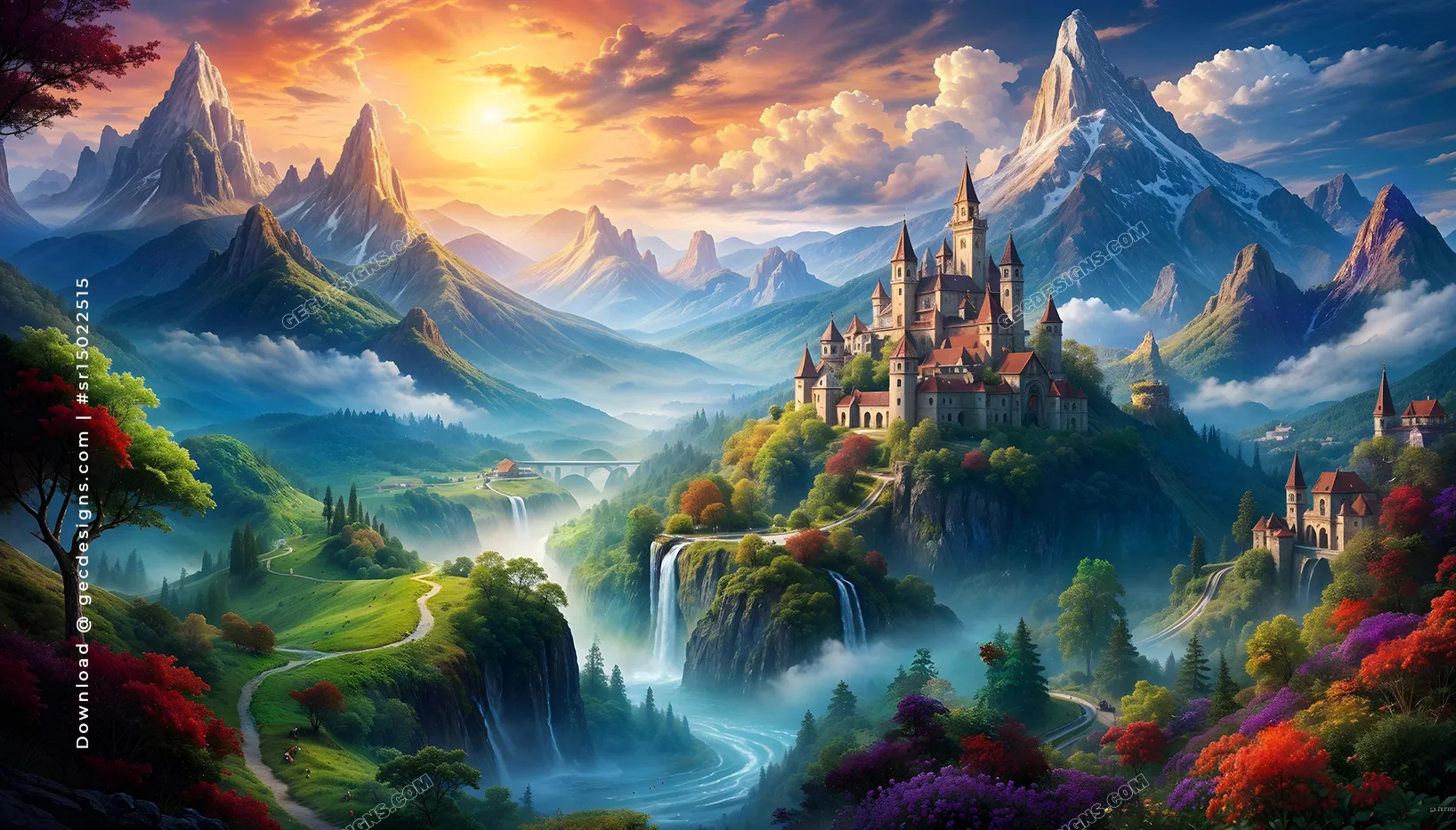 Spring paradise fantasy wallpaper, fairy tale concept magical palace ...