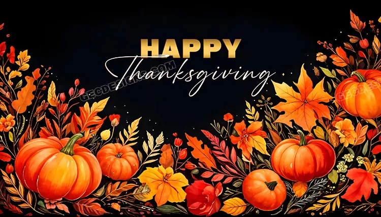 Thanksgiving Greeting in a black background with Pumpkins and Maple ...
