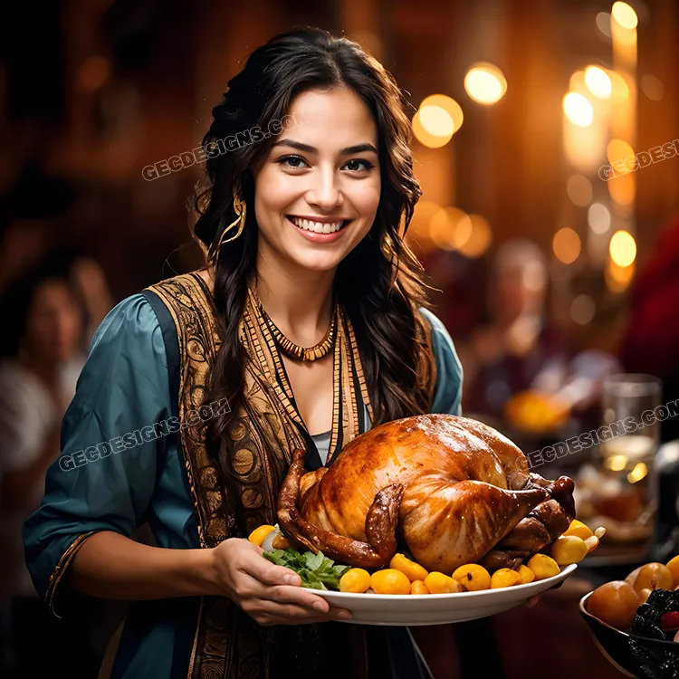 Thanksgiving image, a woman serving Thanksgiving dinner with turkey and ...