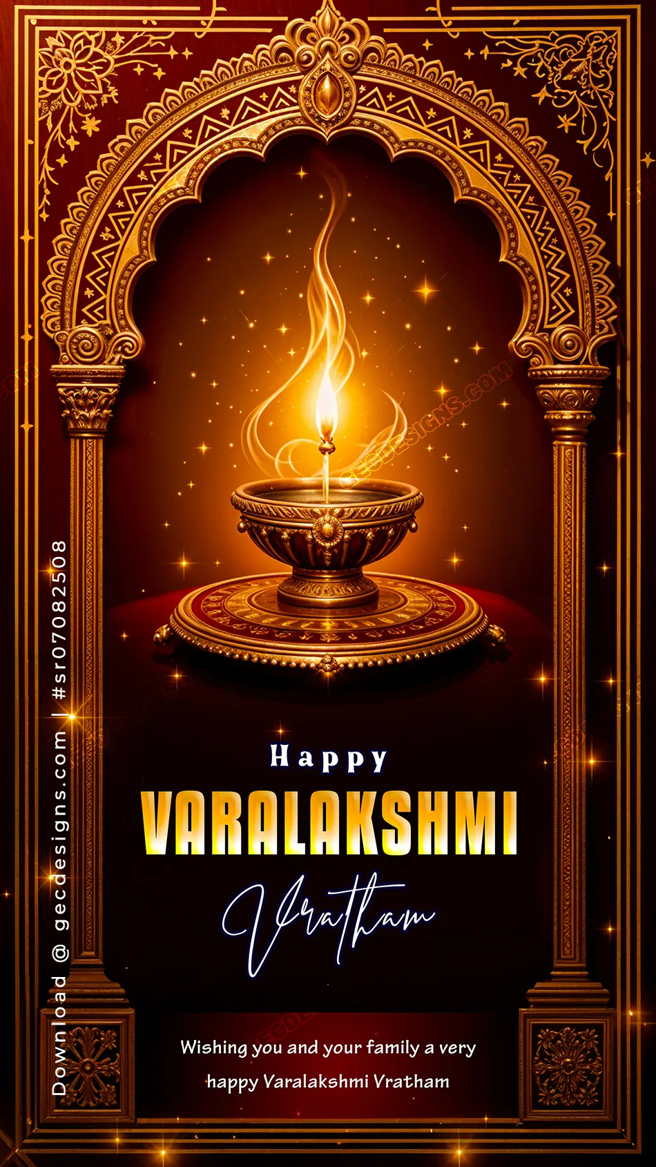 Traditional Golden Diya under Temple Arch, Elegant Varalakshmi Vratham wishes image for festive ...