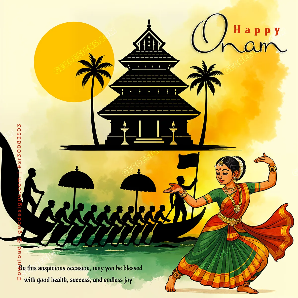 Traditional Happy Onam Images with Kerala Temple, Boat Race, and Classical Dance - GEC Designs