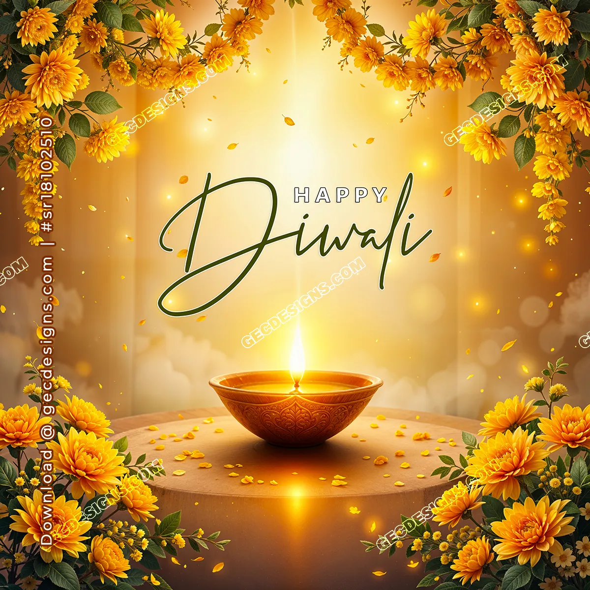 Warm Happy Diwali wishes image with marigold flowers and a Glowing lamp ...