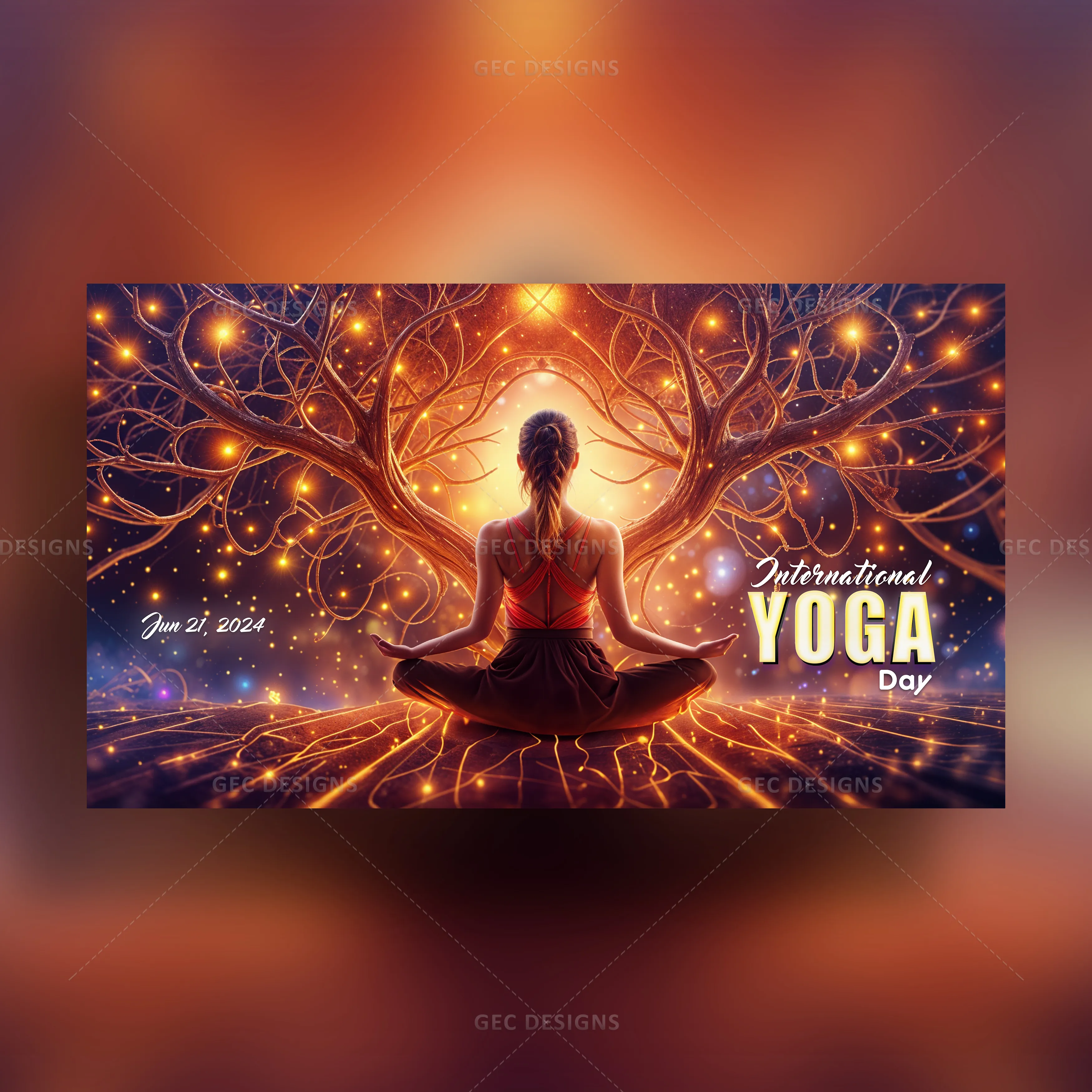 Woman in a meditation pose with fantasy light particles background and ...