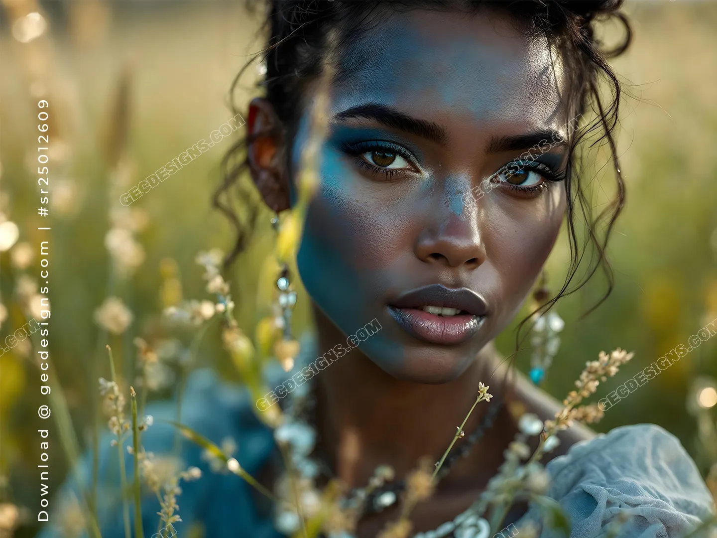 Woman in Nature with Blue Face Paint, Expressive Eyes, Natural Light ...