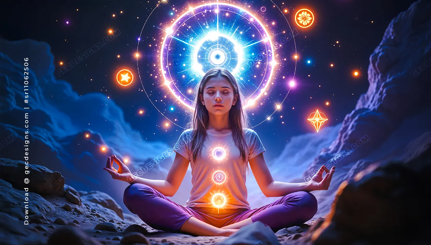 Woman Meditating in Lotus pose with glowing Energy chakras cosmic ...