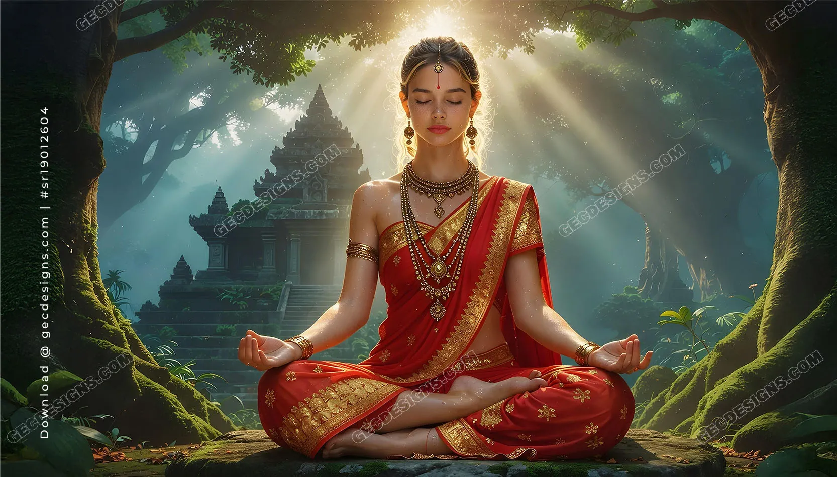 Woman Meditating in Red Traditional Attire Surrounded by Nature and an ...